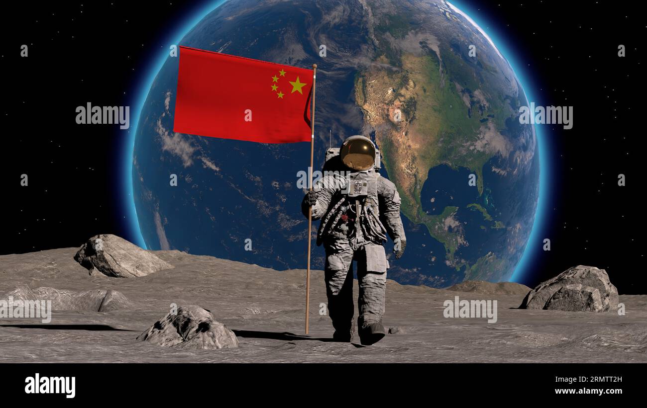 Lunar astronaut walks on the moon with chinese flag, sticks it into the ...