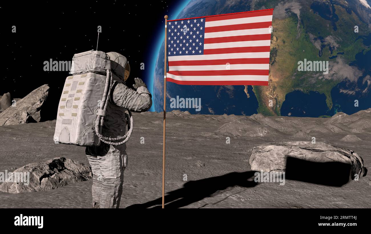 Lunar astronaut walks on the moon with American flag and salutes. Some ...