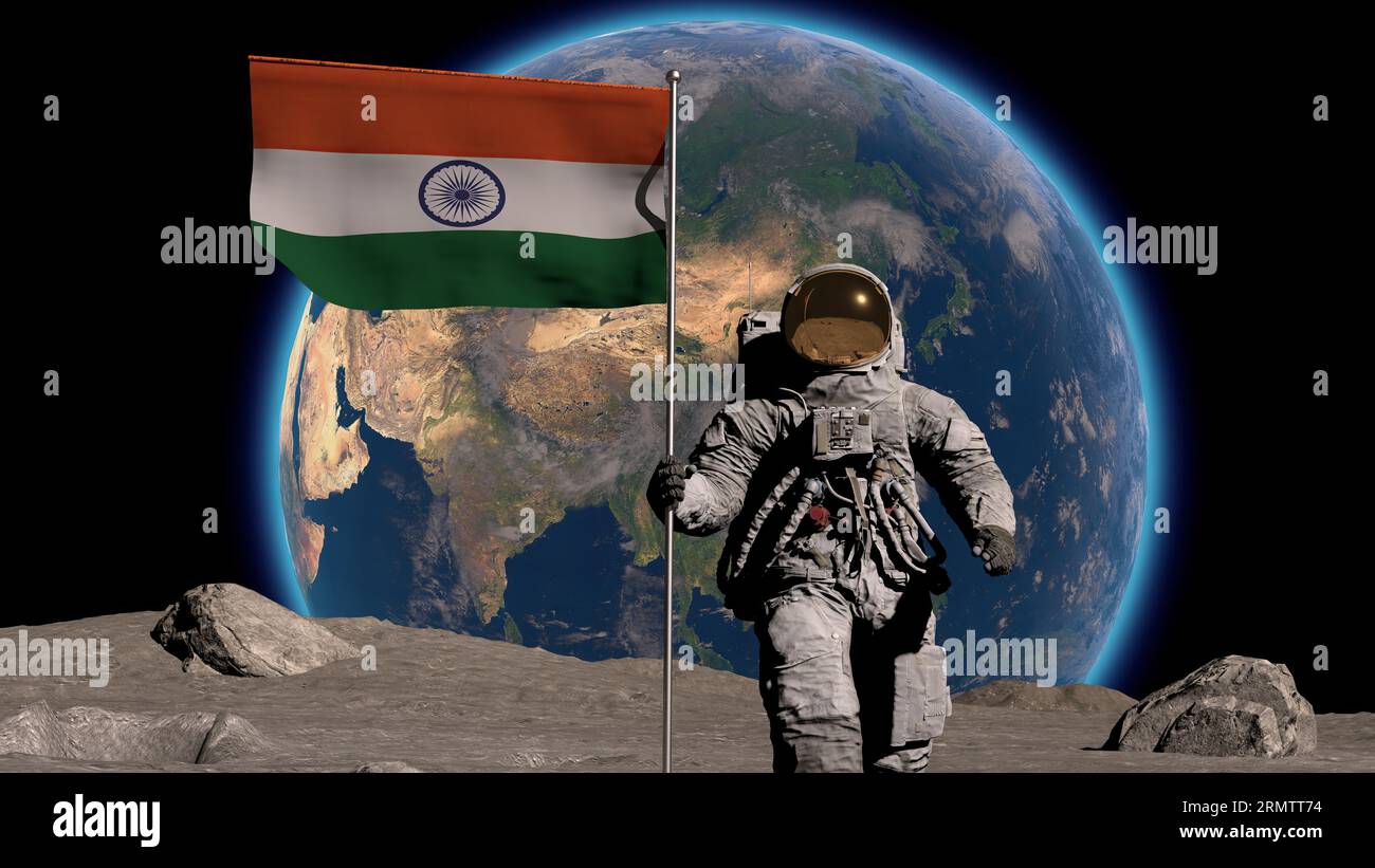 Astronaut On Moon With Flag Astronaut In Outer Space On The Surface