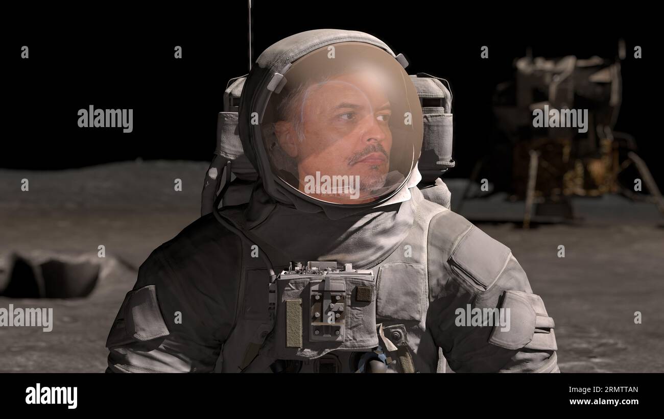 Portrait of man astronaut on Moon wearing helmet looking at earth globe ...