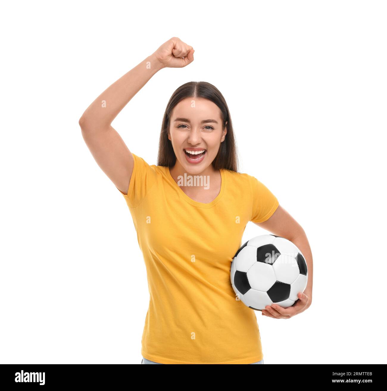 Happy fan holding soccer ball and celebrating isolated on white Stock ...