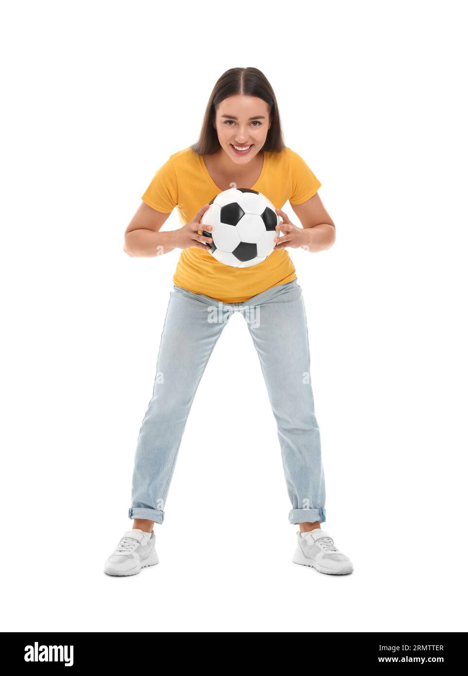 Happy fan with soccer ball isolated on white Stock Photo - Alamy