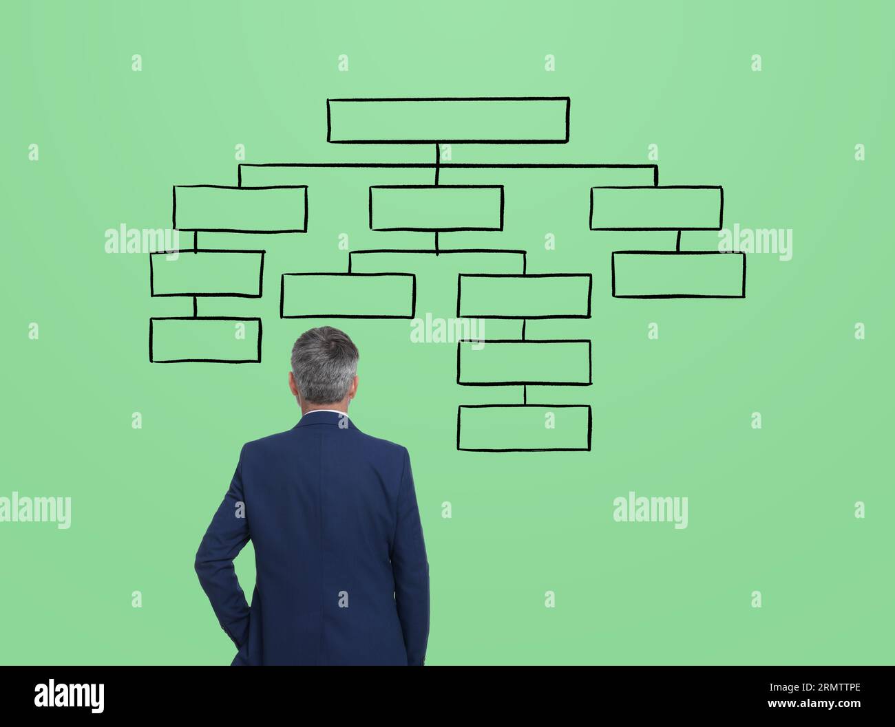 Logic. Man standing in front of diagram on pale green background, back ...