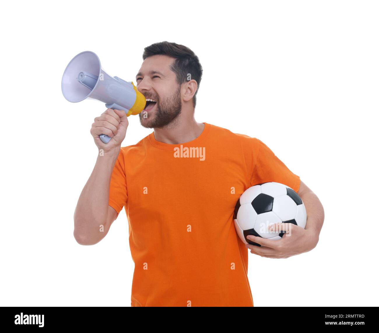 Emotional sports fan with ball and megaphone celebrating on white ...