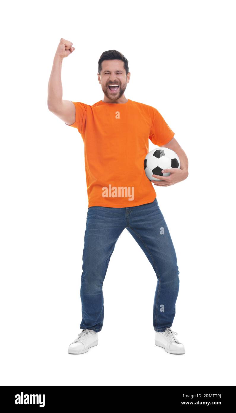 Emotional sports fan with ball celebrating on white background Stock ...