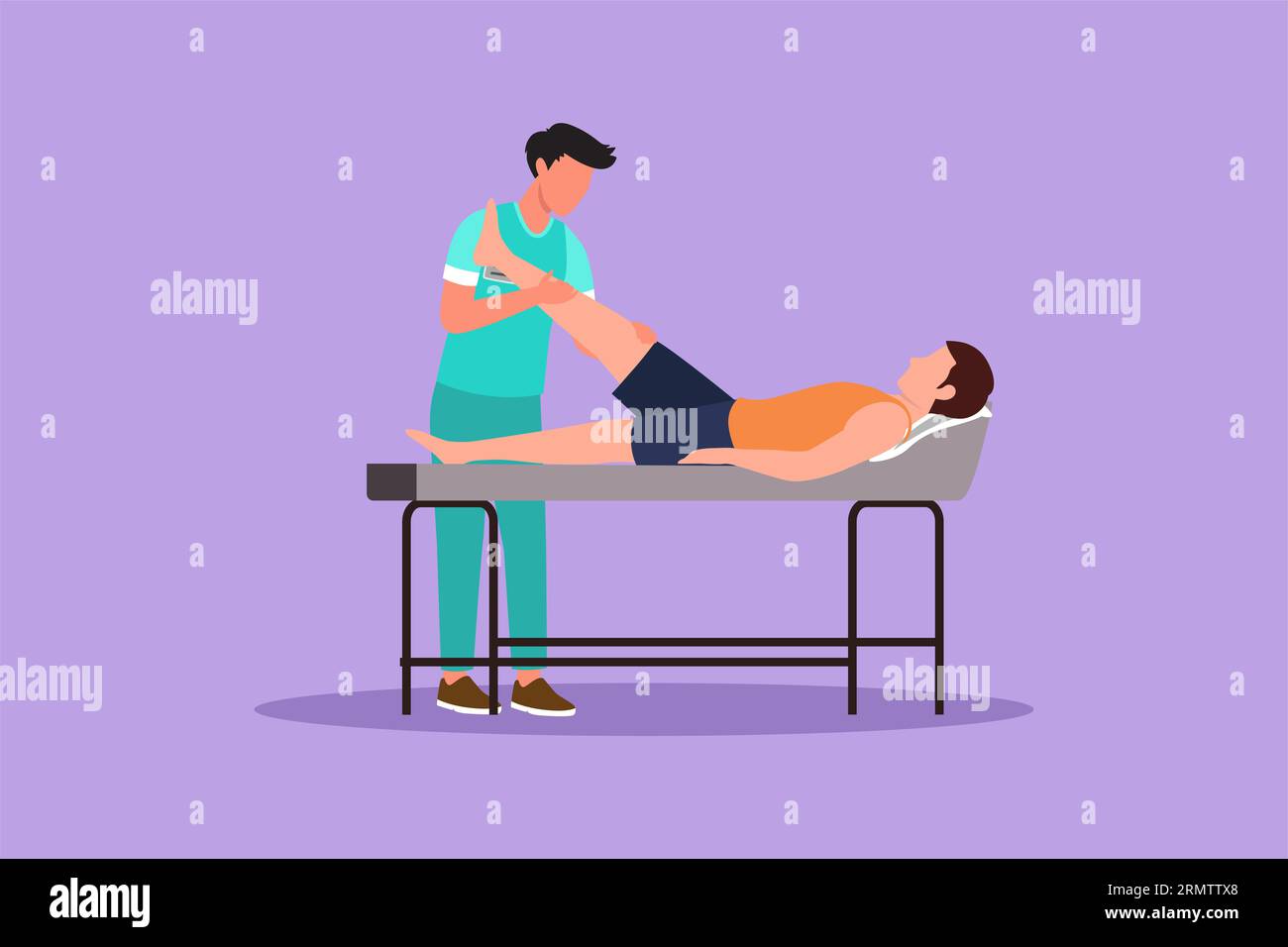 Cartoon flat style drawing male therapist helping patient to raise leg ...