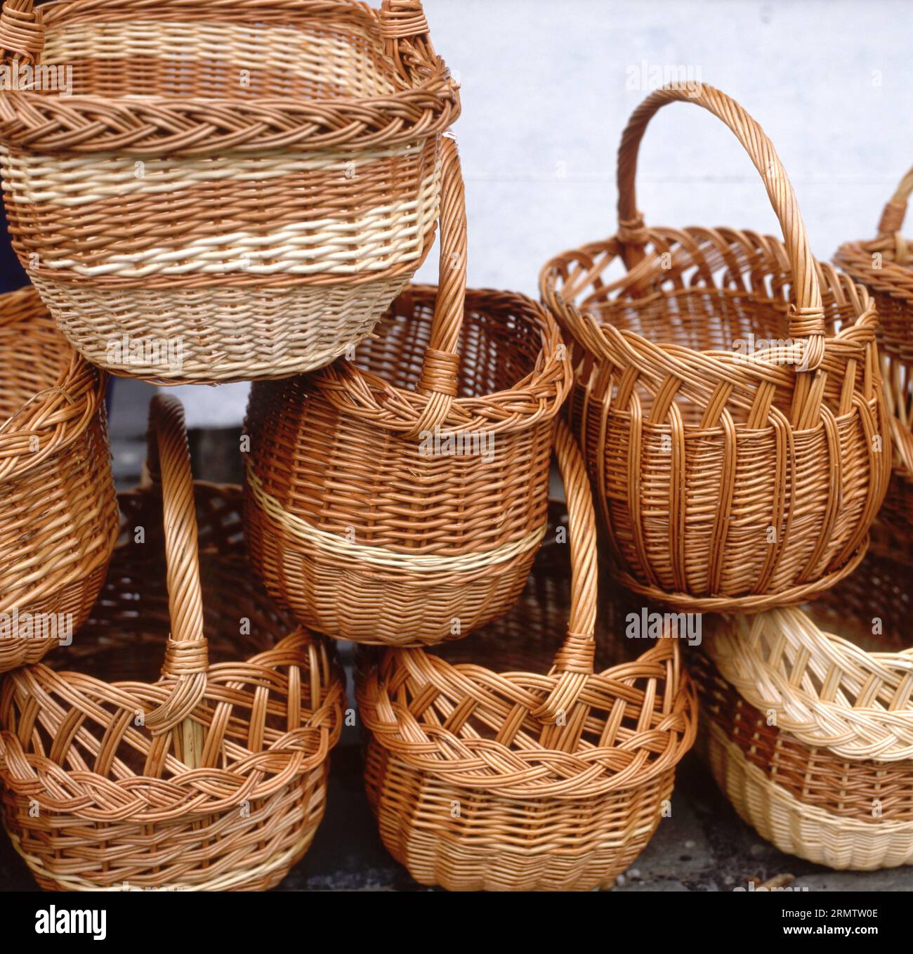 Hand made straw baskets on a market in Budapest, Hungary Stock Photo ...