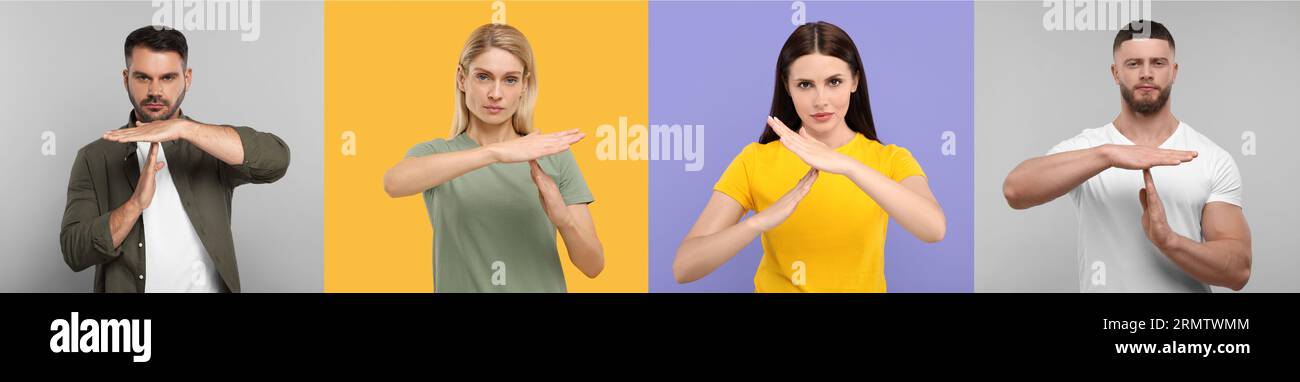 People showing time out gesture on different color backgrounds. Collage ...