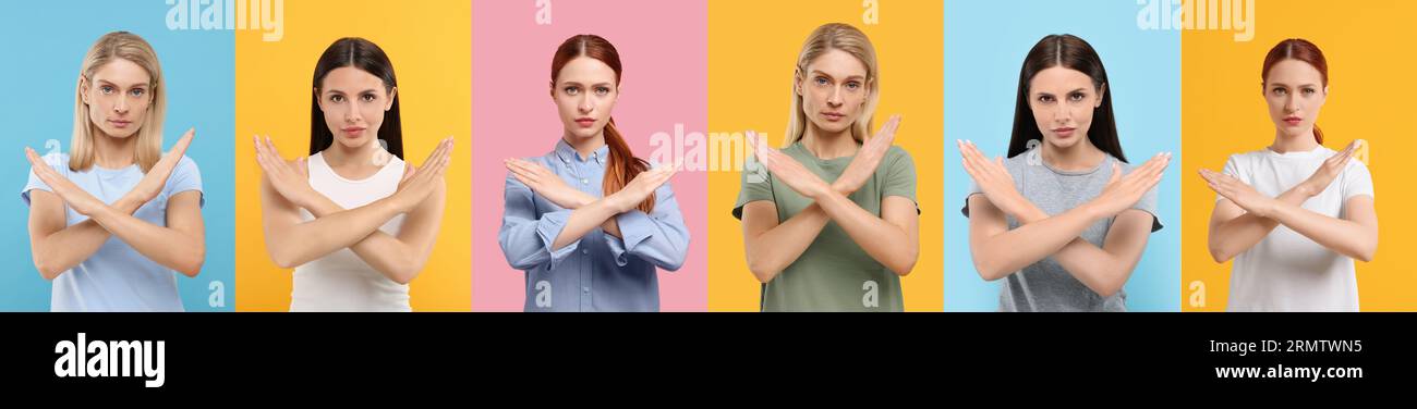 Women showing stop gesture on different color backgrounds. Collage with ...