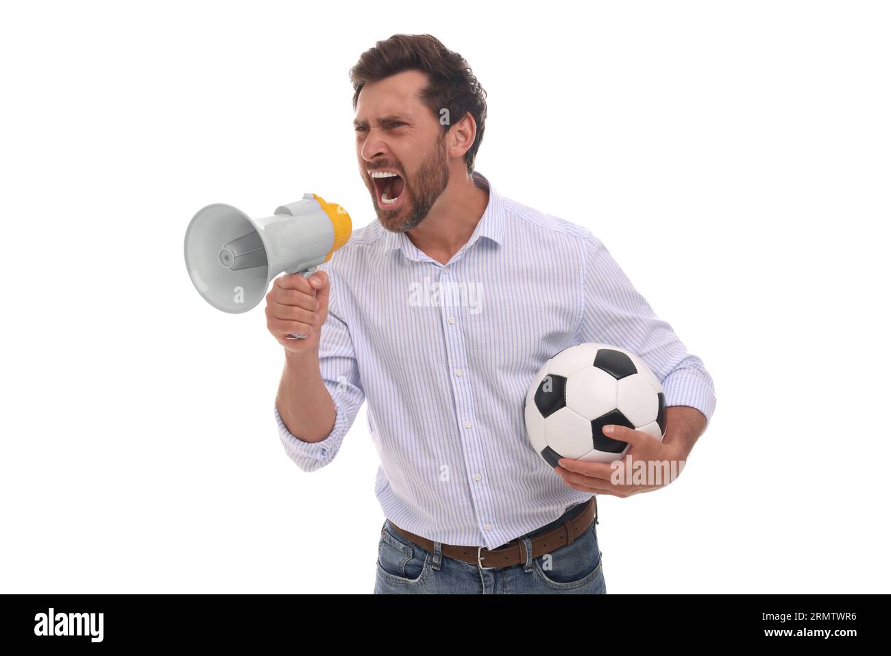 Emotional sports fan with soccer ball and megaphone on white background ...