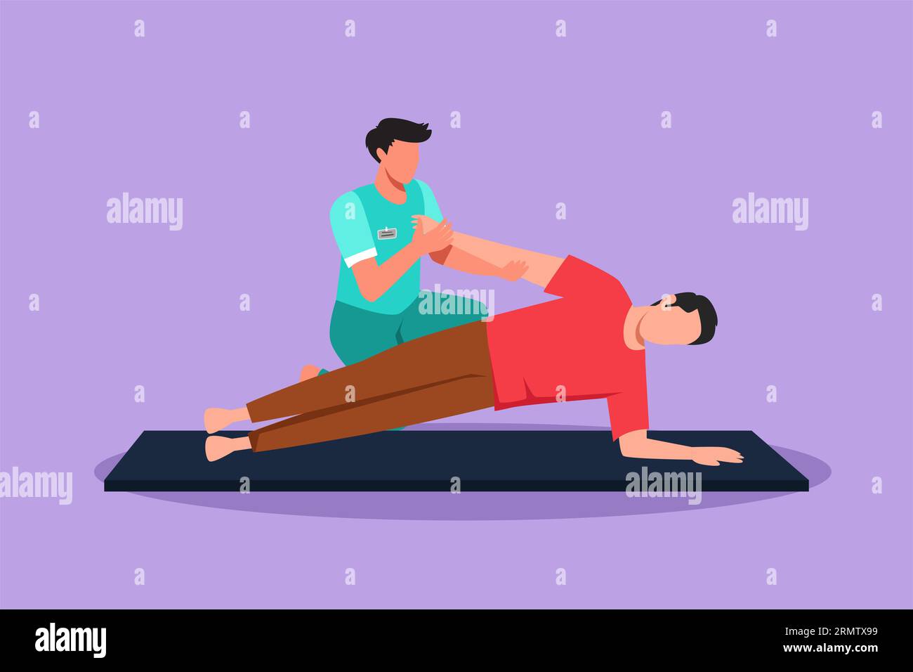 Cartoon flat style drawing of man patient lying on the floor masseur ...