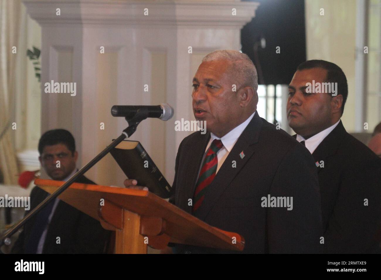 (140922) -- SUVA, Sept. 22, 2014 -- Voreqe Bainimarama is sworn in as ...