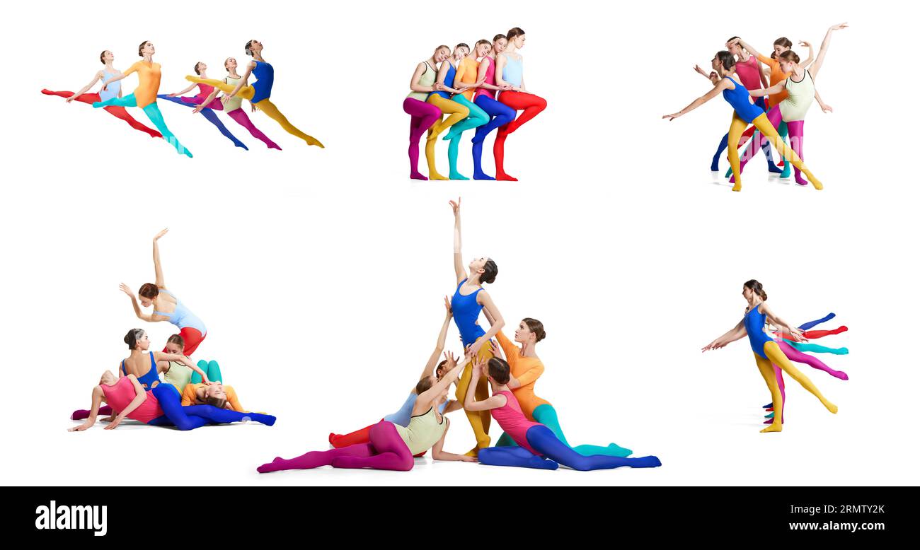 College. Young girls in colorful costumes dancing ballet, making ...