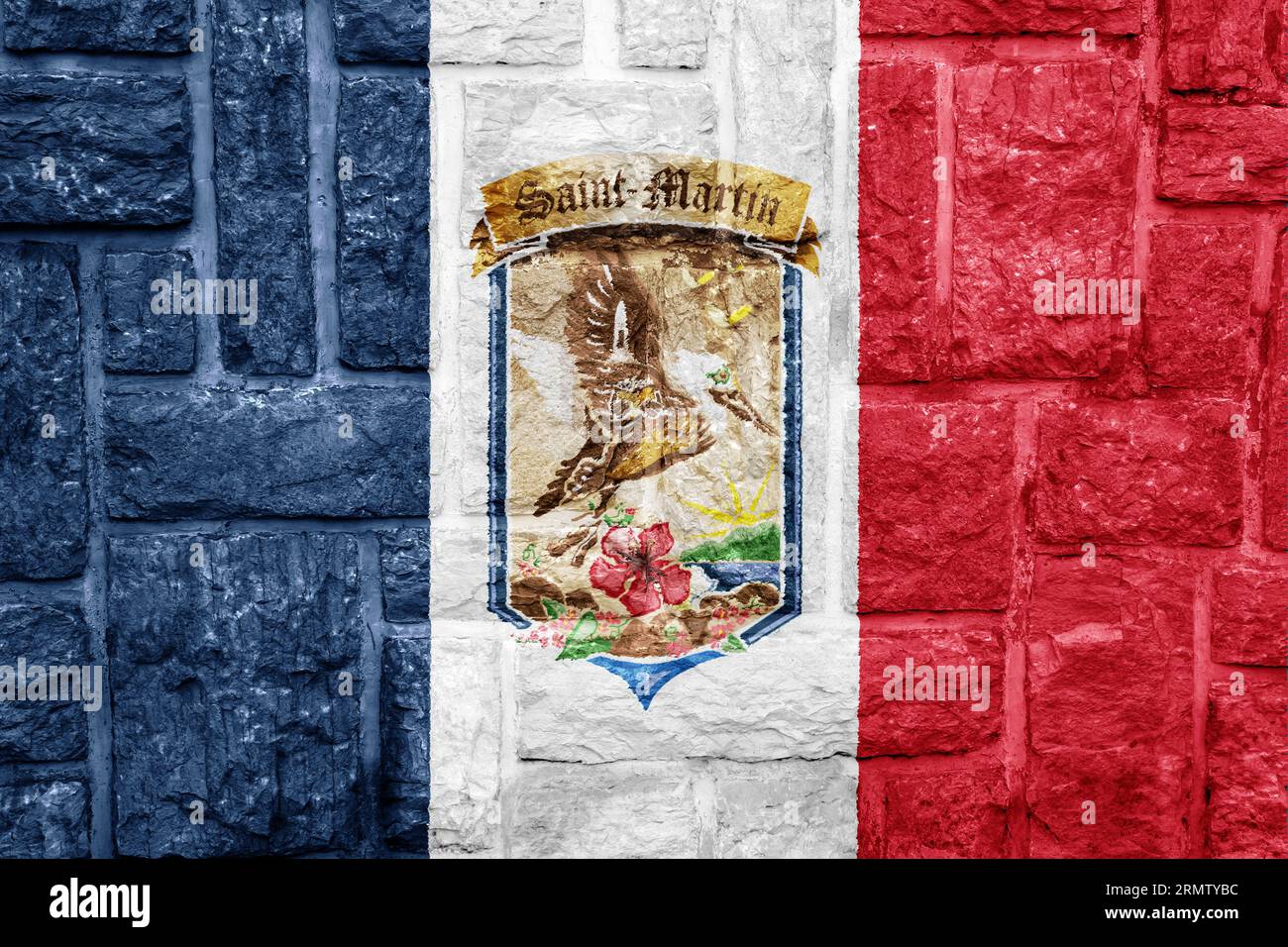 Flag and coat of arms of Collectivity of Saint Martin on a textured ...