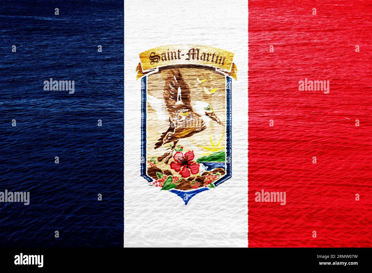 Flag and coat of arms of Collectivity of Saint Martin on a textured ...