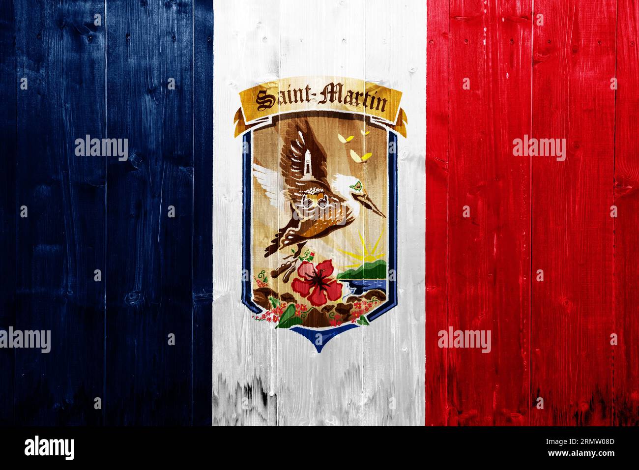 Flag and coat of arms of Collectivity of Saint Martin on a textured ...