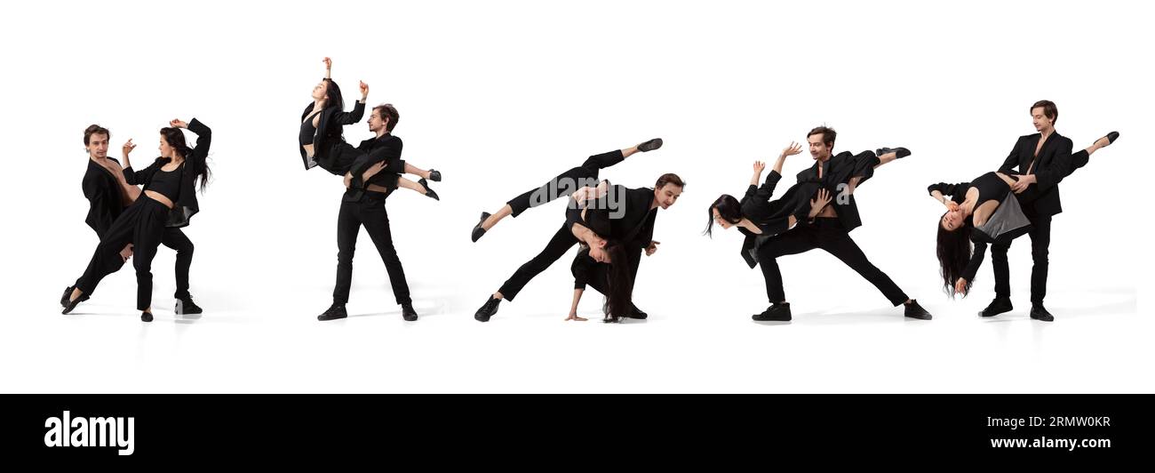 Collage. Man and woman, talented ballet dancers in black costumes ...
