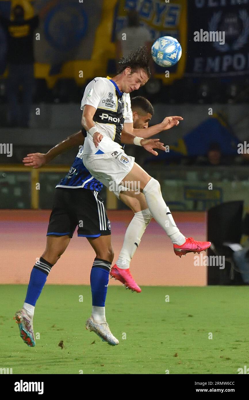 Pisa, Italy. 29th Aug, 2023. Head by Tjas Begic (Parma) during Pisa SC ...
