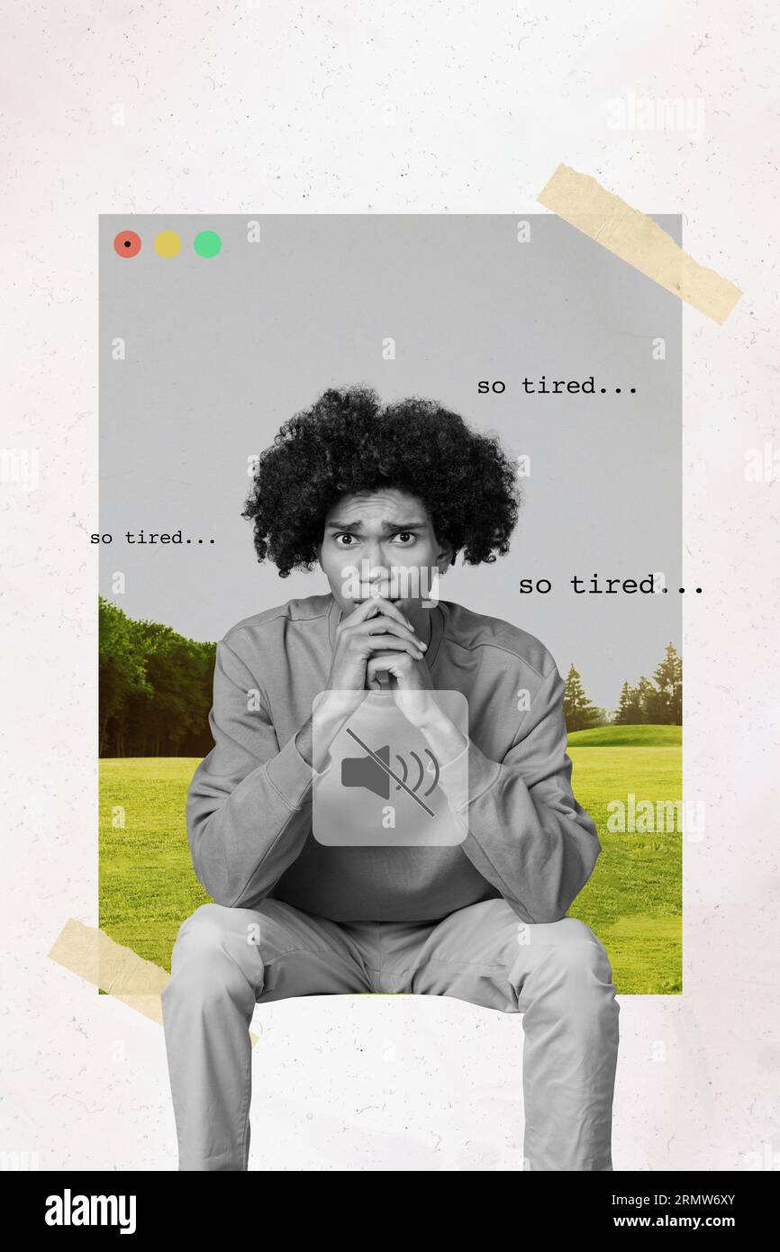 Photo picture collage stressed worried tired of work guy sit outdoor ...