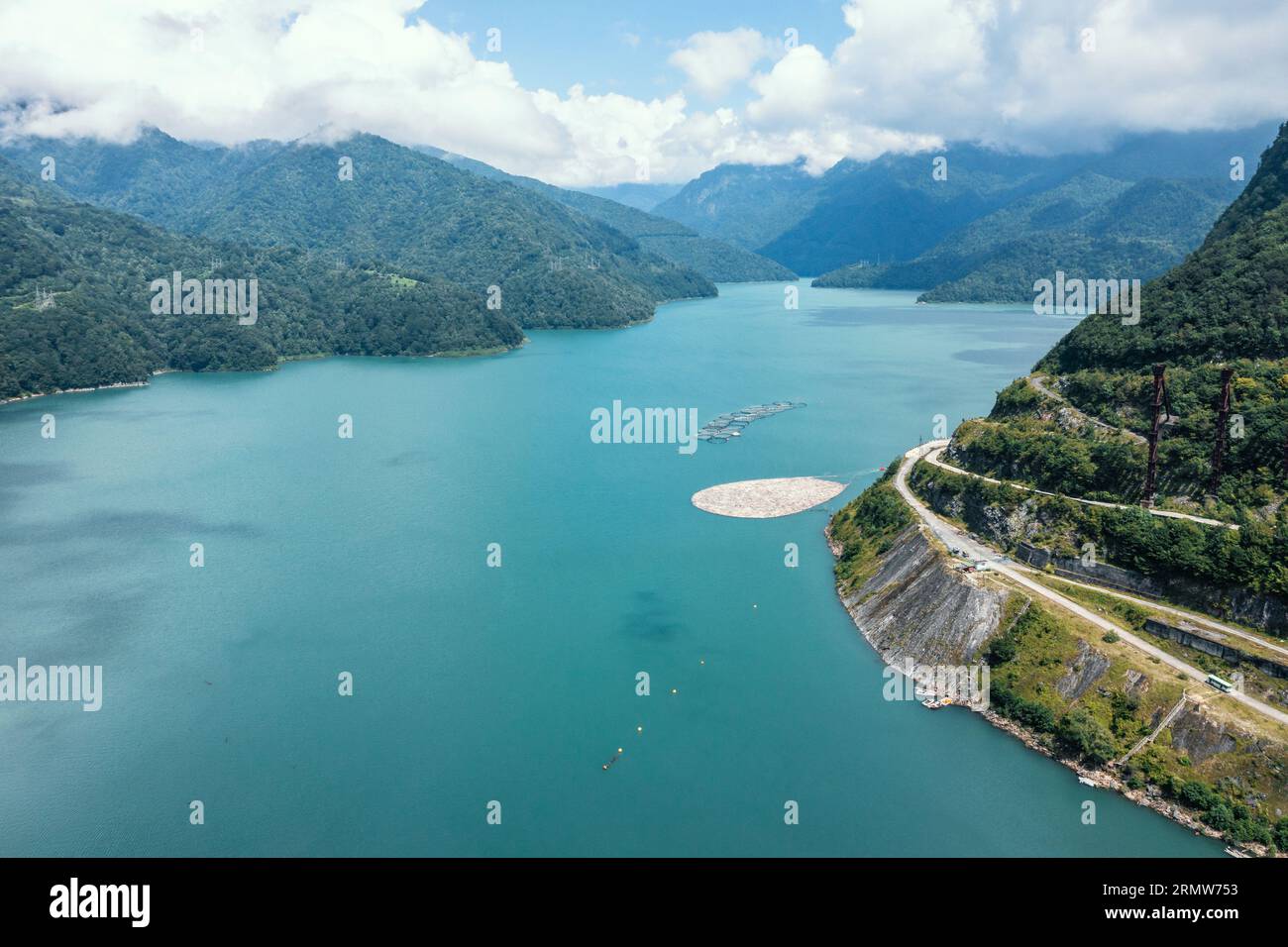 Inguri river with mountains aerial view from drone. Enguri ...