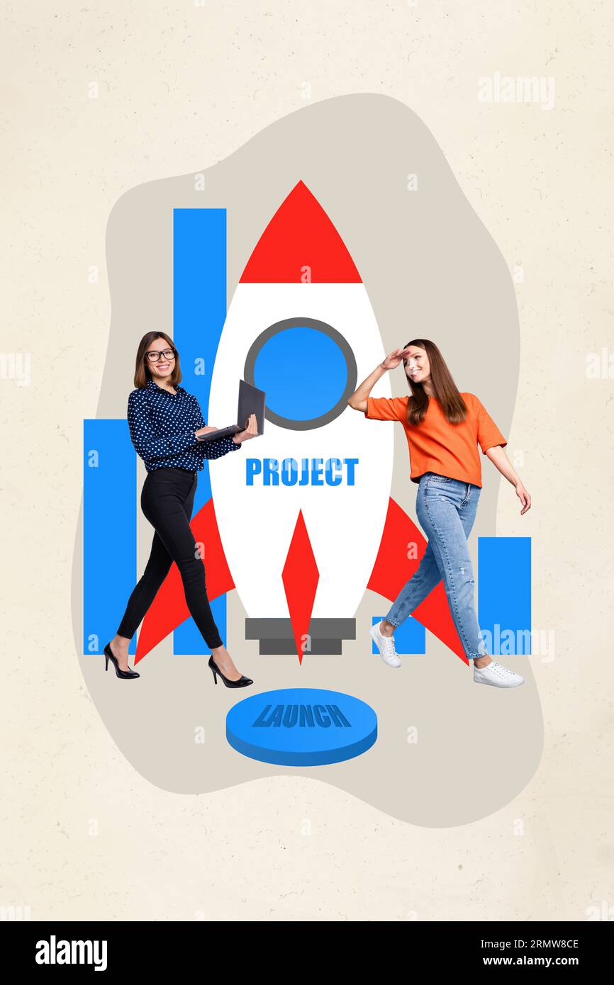 Vertical Composite Collage Of Young Two Colleagues Flying Launch Project Rocket Diagram Women