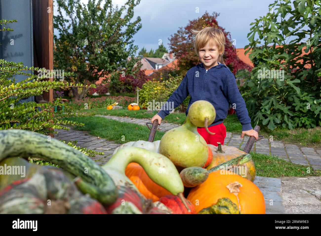 Cute adorable little blond kid boy enjoy having fun hold big rusty ...
