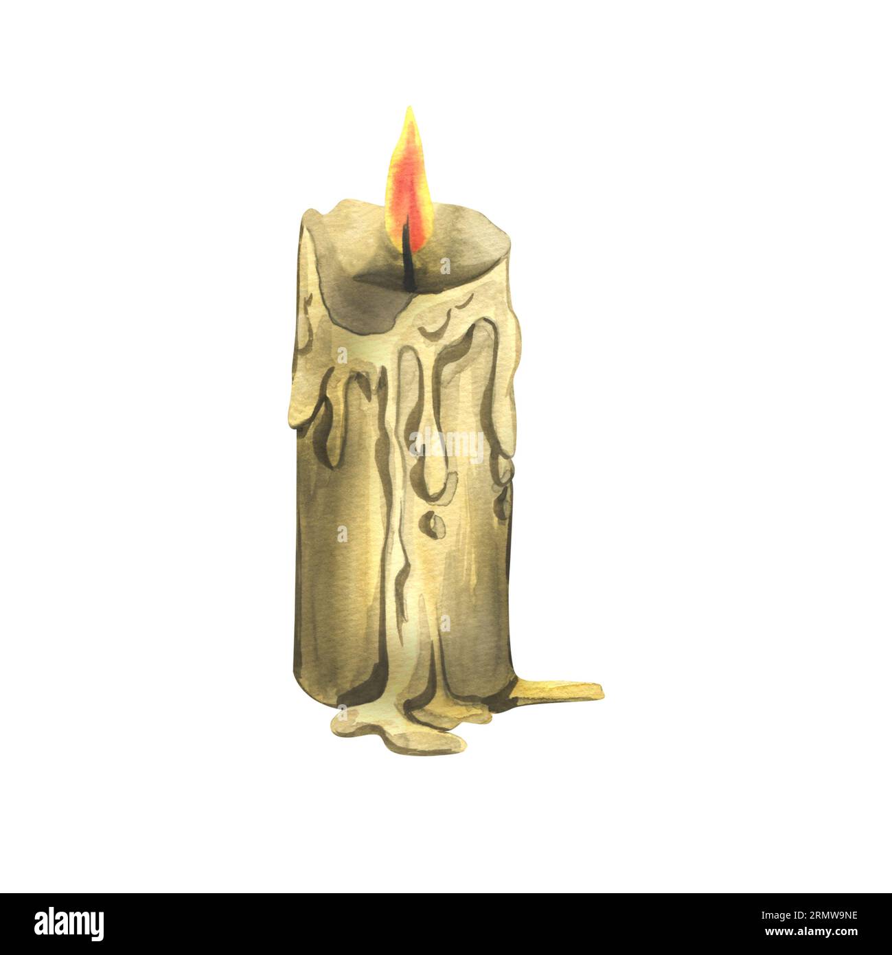 A simple candle with a burning flame, drops and smudges of wax. Hand ...