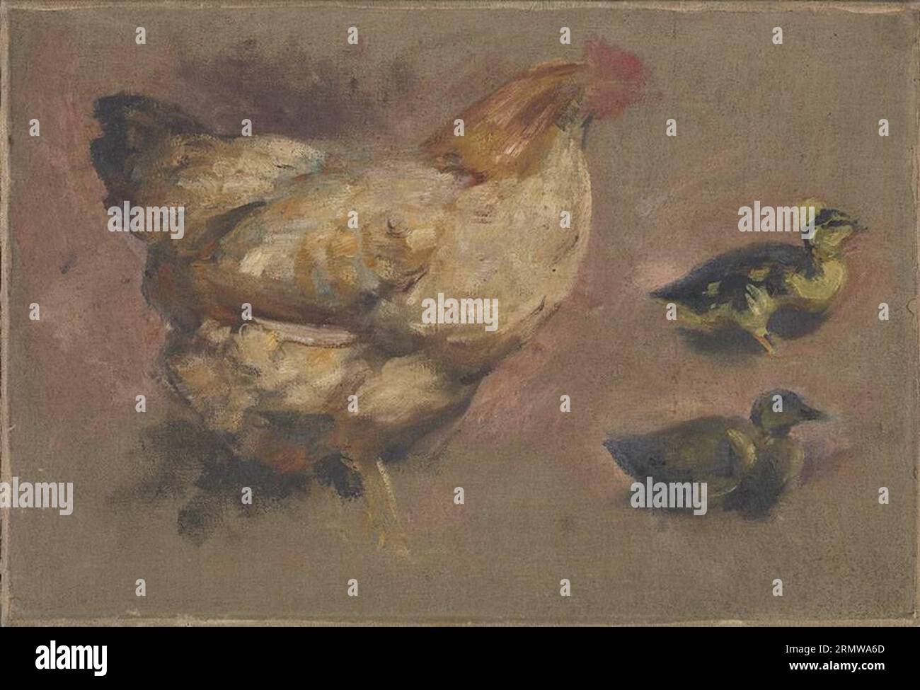 Henne mit zwei Küken (Studie) circa 1897 by Hubert von Heyden Stock ... Henne mit zwei Küken (Studie) circa 1897 by Hubert von Heyden Stock ...