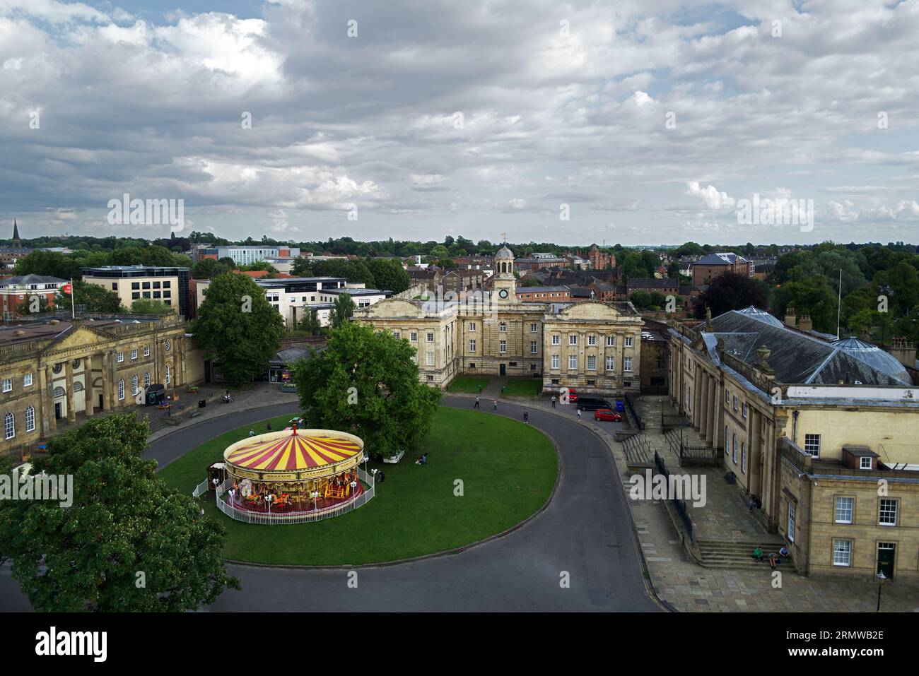 This skyline of York in the UK shows York Castle Museum (left) and ...