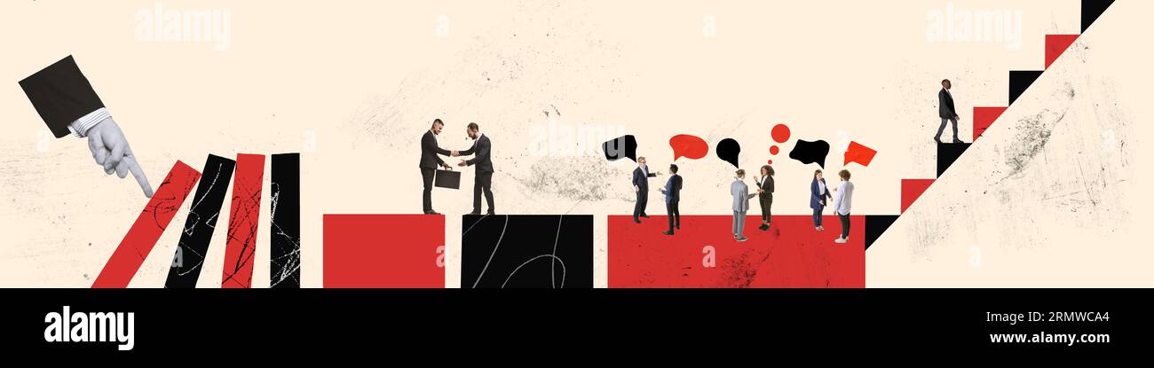 Contemporary art collage of business people, team work on start up ...