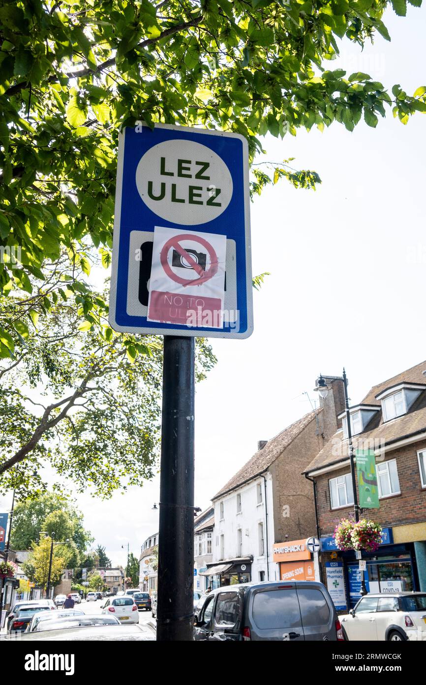 London, UK. 30 August 2023. A No To ULEZ sticker on a sign for a camera ...