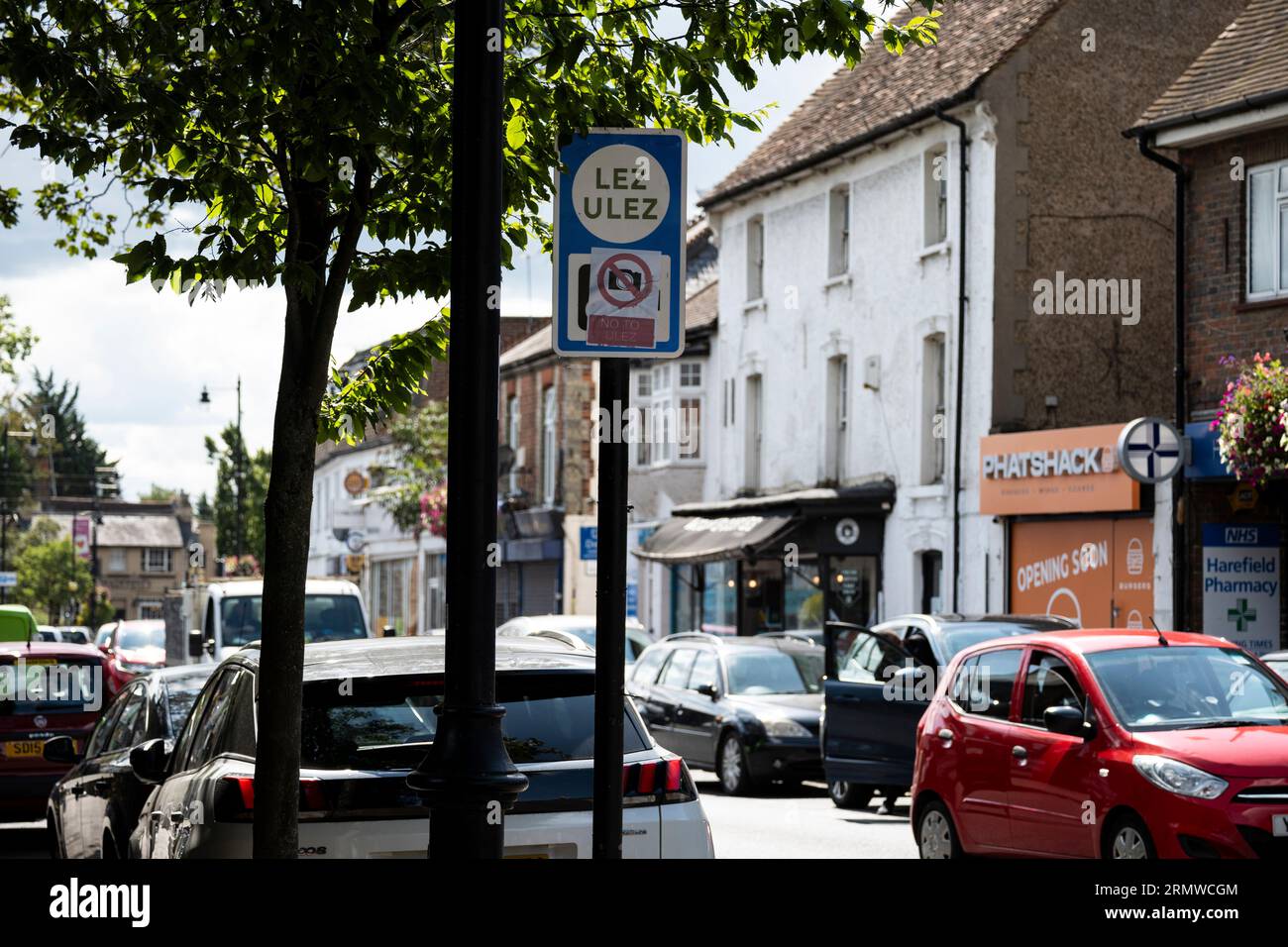 London, UK. 30 August 2023. A No To ULEZ sticker on a sign for a camera ...