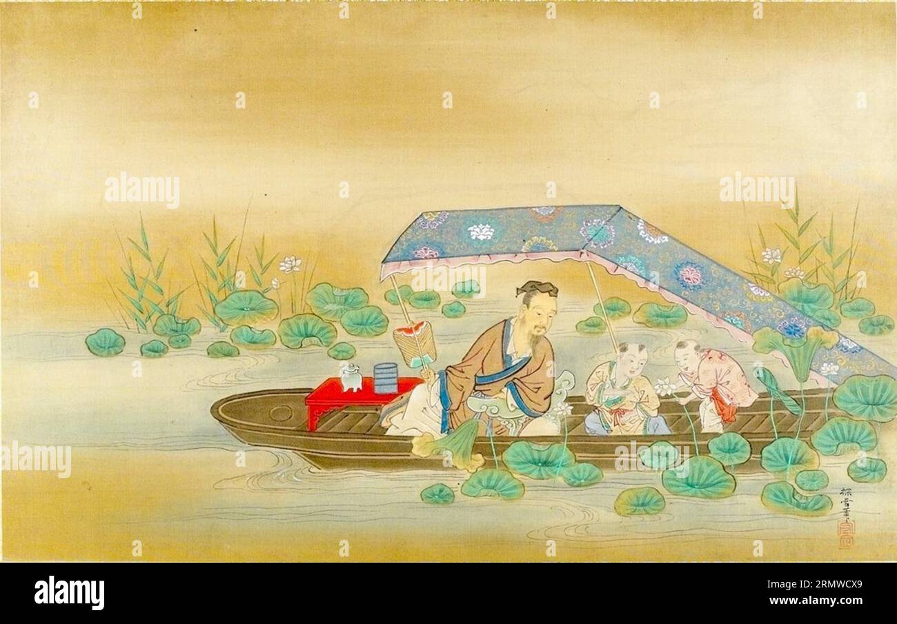 Sage and Two Boys in a Boat Enjoying Lotus Flowers circa 1683 by Kanō ...