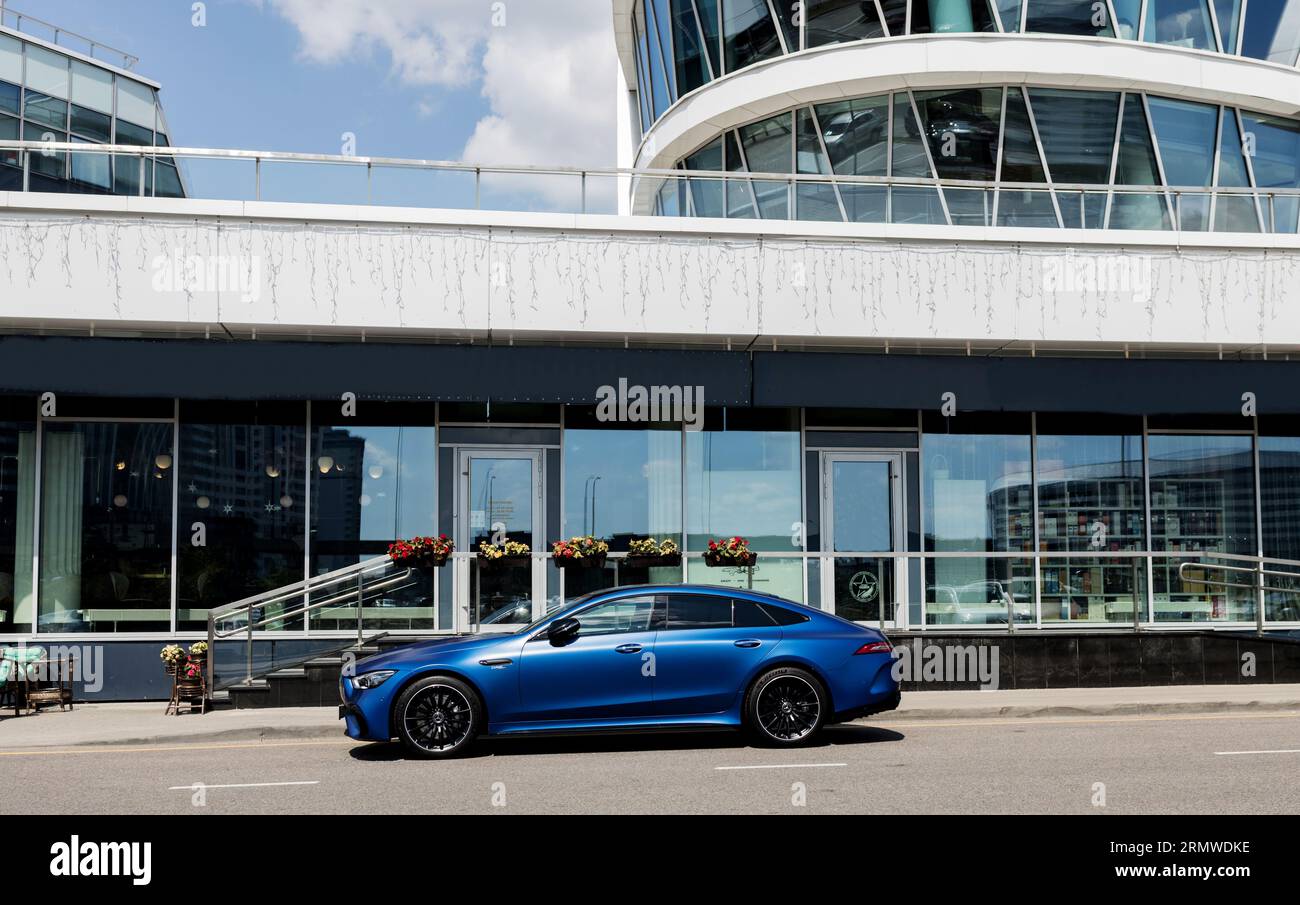 Minsk, Belarus, August 2023 - luxury blue matte mercedes-benz. modern ...