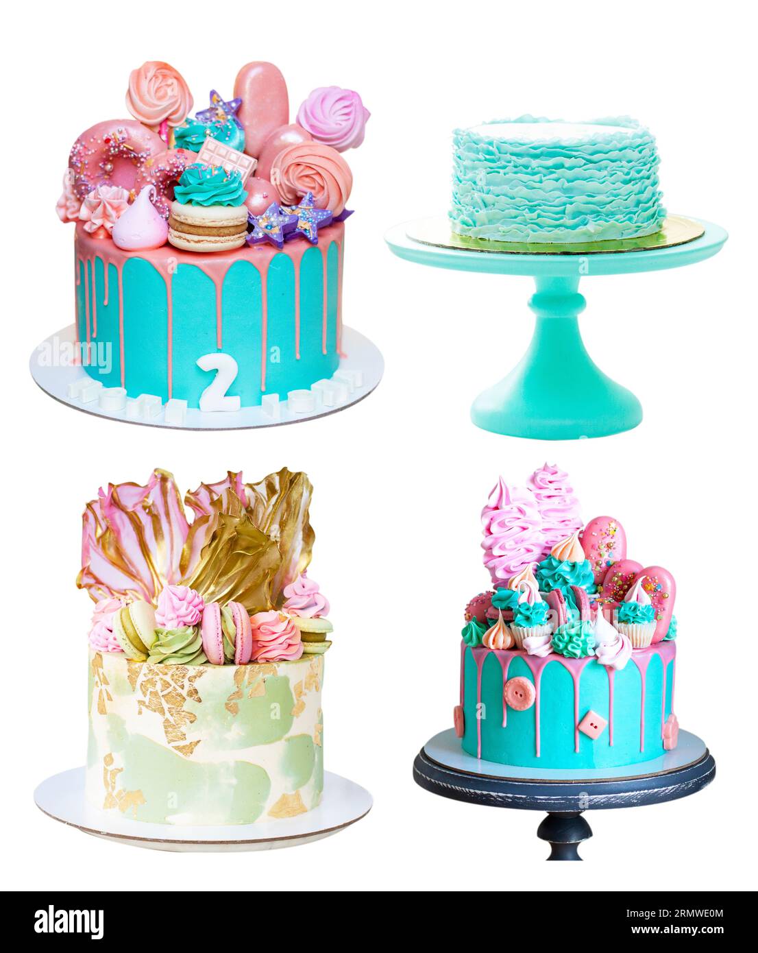 Assorted green cakes isolated on white background. Cakes with edible ...