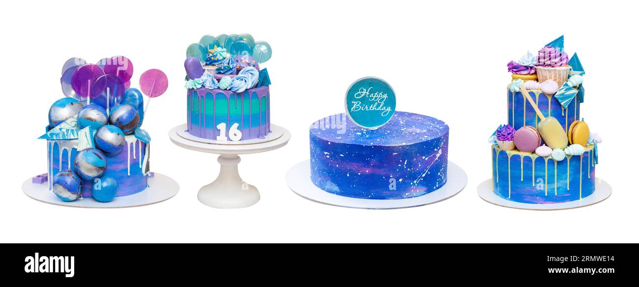 Collection of different beautiful blue birthday cakes isolated on white ...