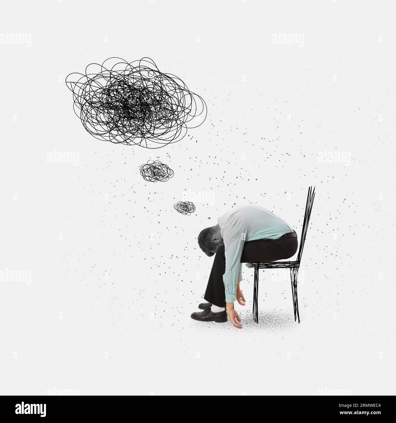 Contemporary art collage of young stressed man with missed thoughts ...