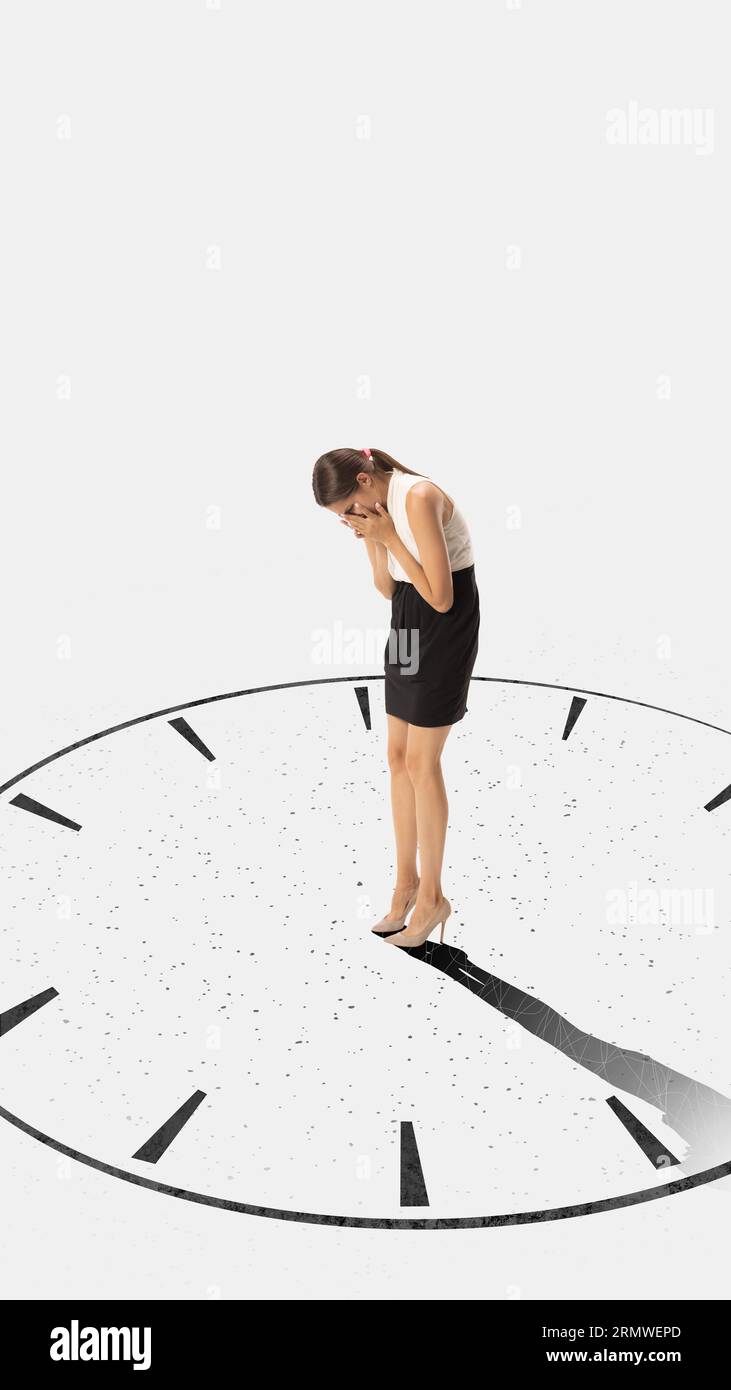 Contemporary art collage of stressed, crying business lady staying ...