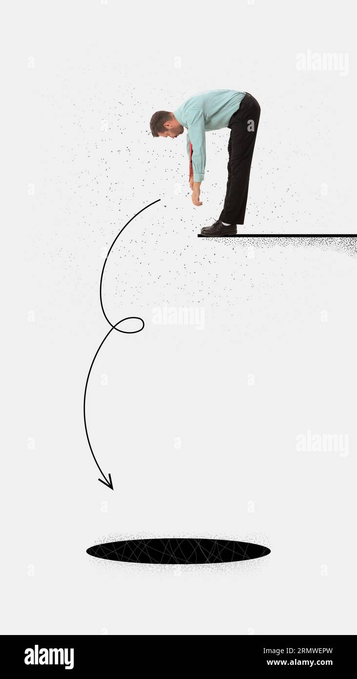 Contemporary art collage. Creative artwork of businessman jumping of ...