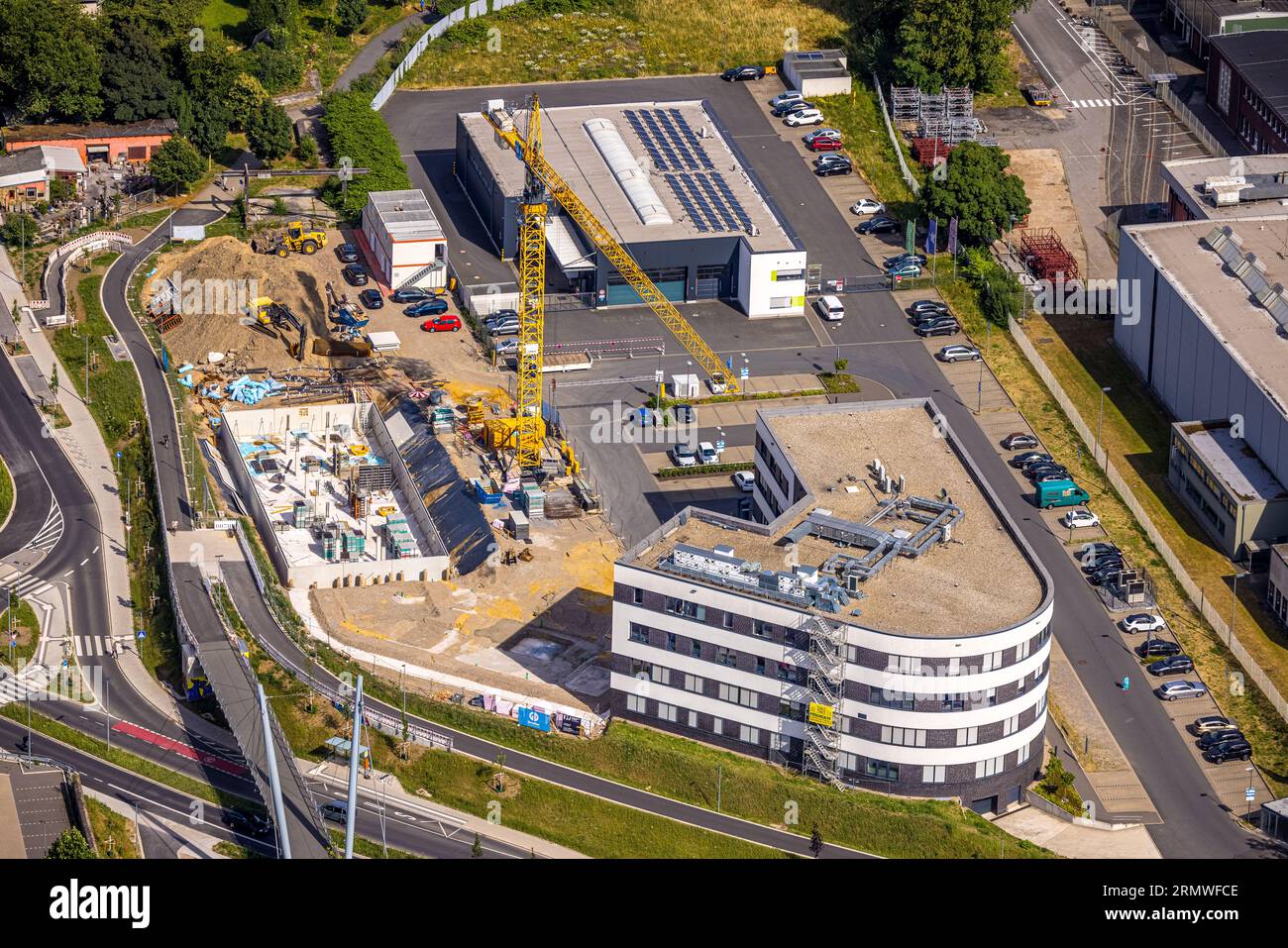 Aerial view, construction site traffic circle at Pferdebachstraße with ...