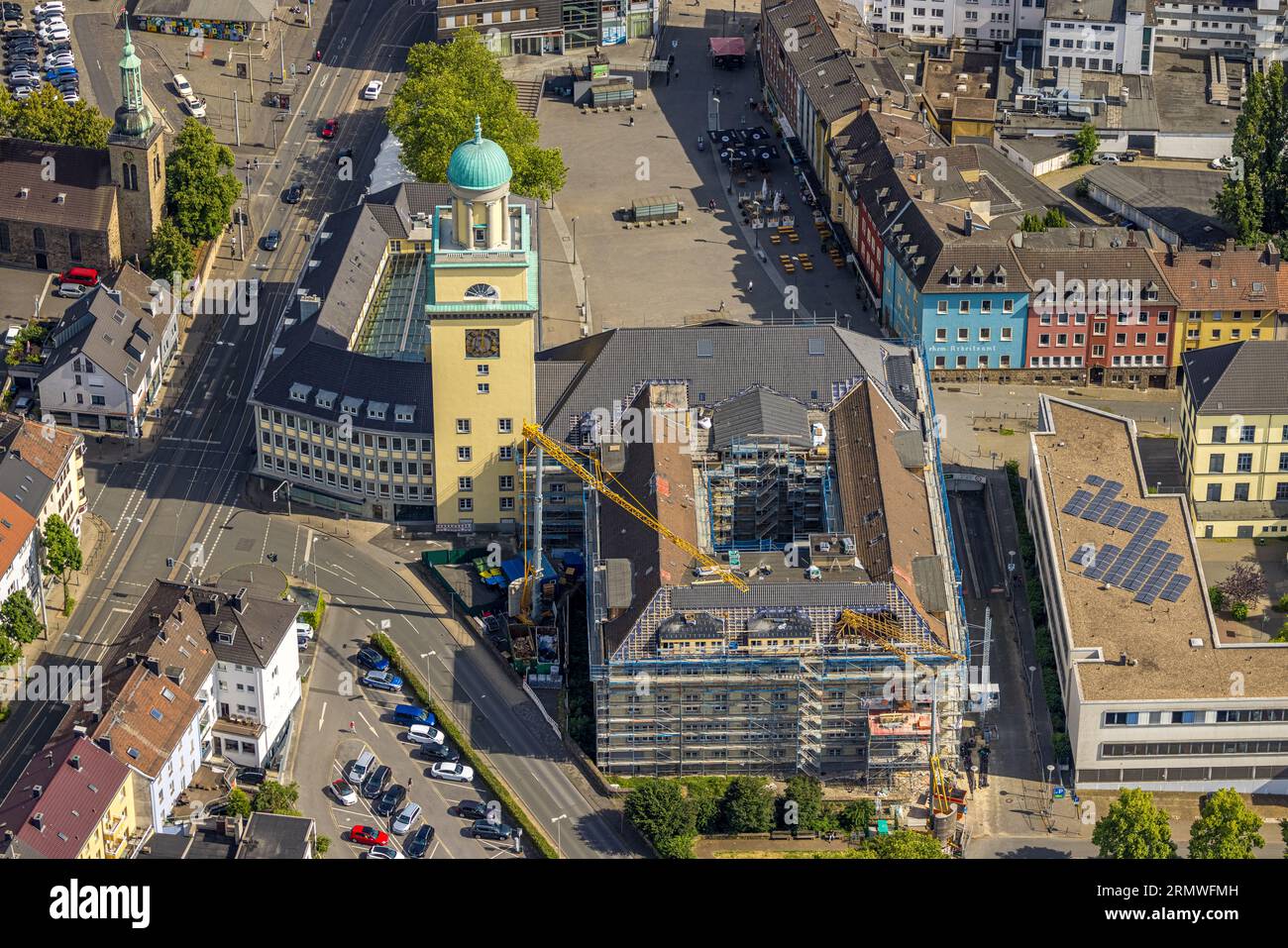 Aerial view, town hall renovation with construction site, market place ...