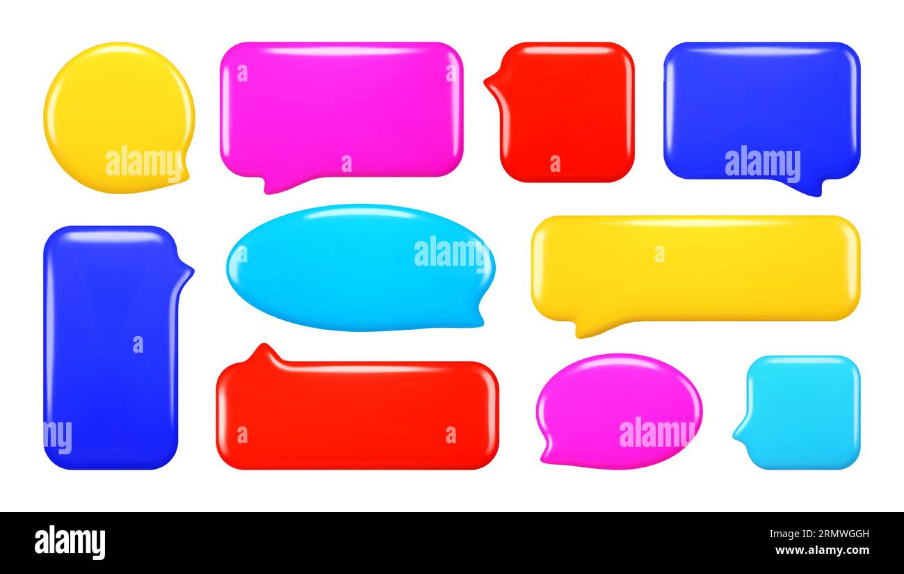 Glossy realistic 3D collection of empty speech bubbles in vibrant colors. Chat and message ...