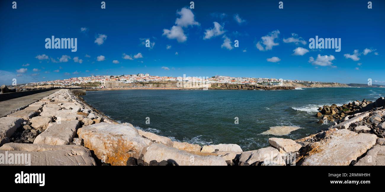 Wide-angle view of Ericeira, a picturesque coastal town in Portugal ...
