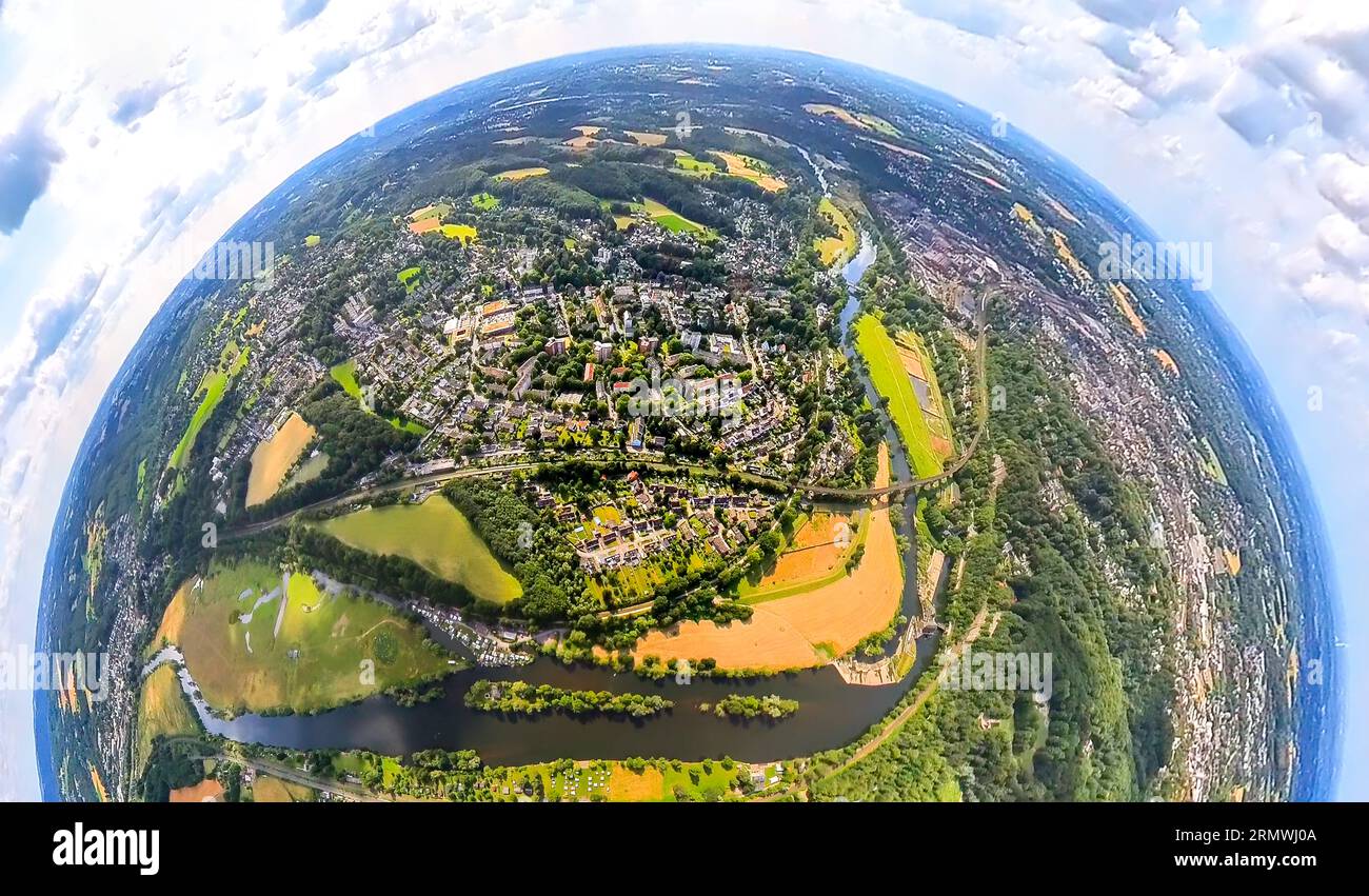 Aerial view, district Bommern, river Ruhr and Ruhr island, railroad ...