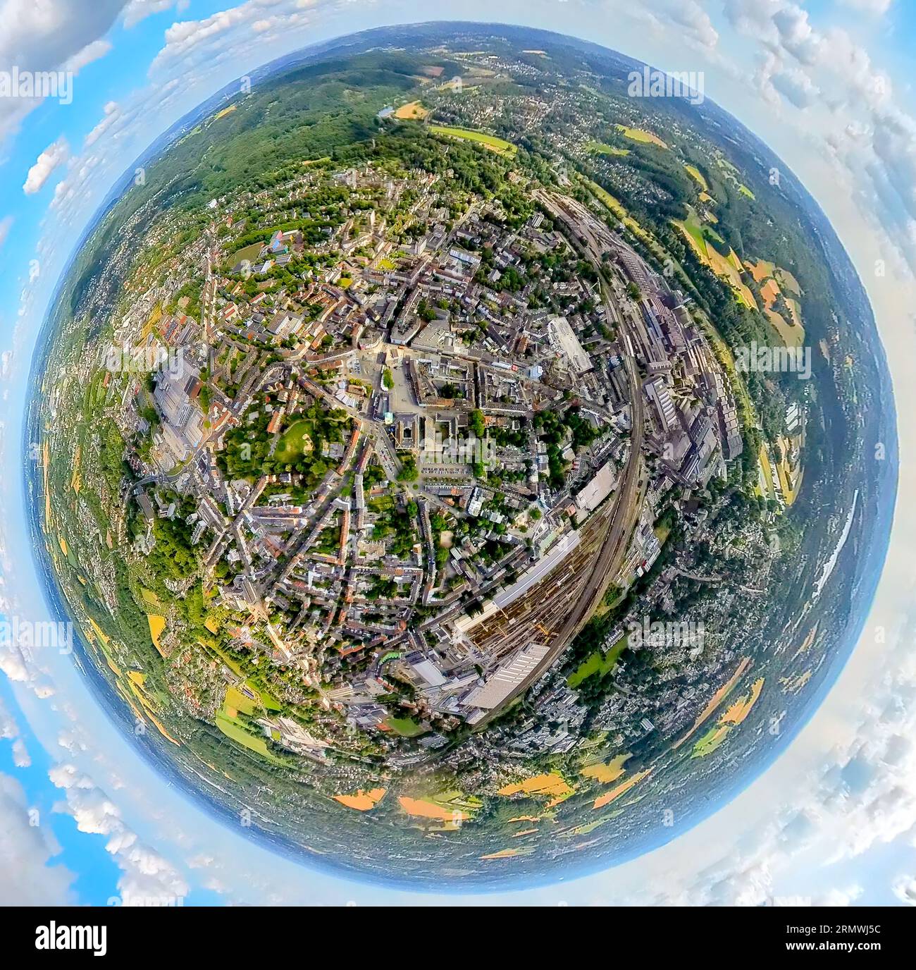 Aerial view, Witten city with town hall, Lutherpark, globe, fisheye ...
