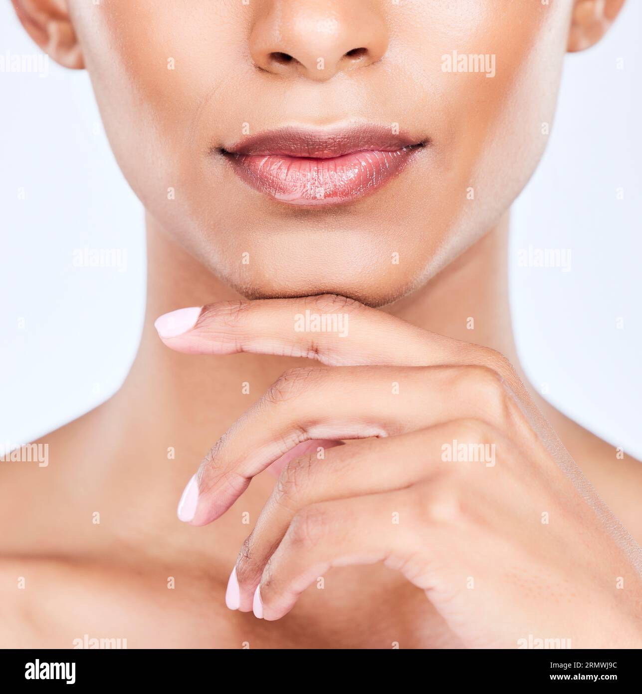 Woman hand, lips and beauty closeup with makeup, face and lipstick glow ...