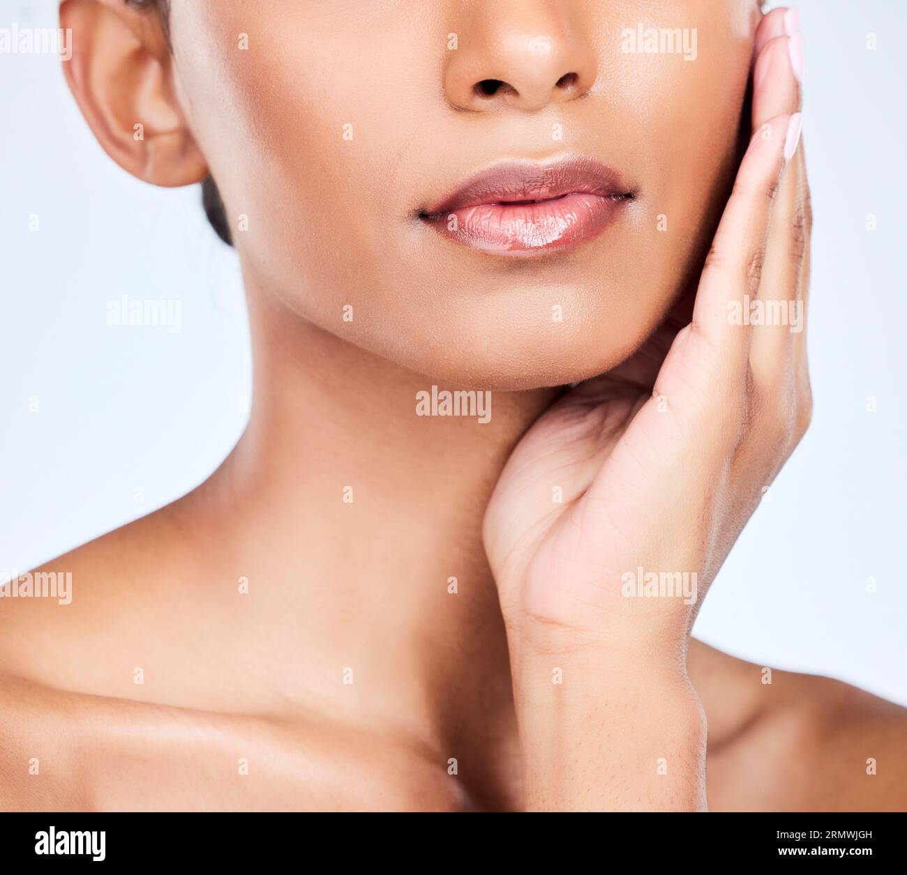 Woman, lips and beauty closeup with makeup, face and lipstick glow in ...