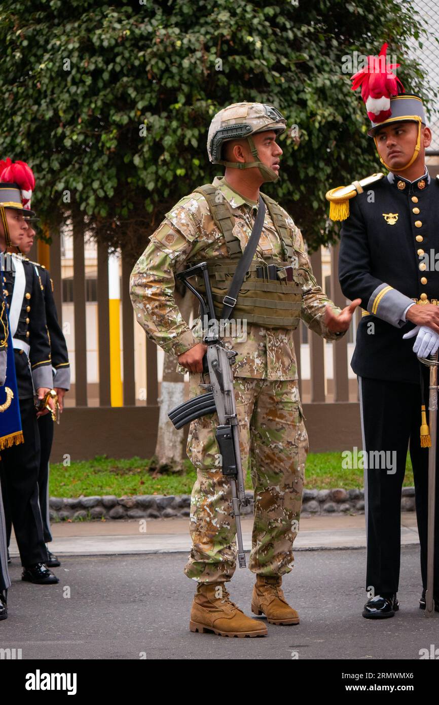 Lima, Peru - July 29 2023: Peruvian Man in Camouflage Uniform with a ...