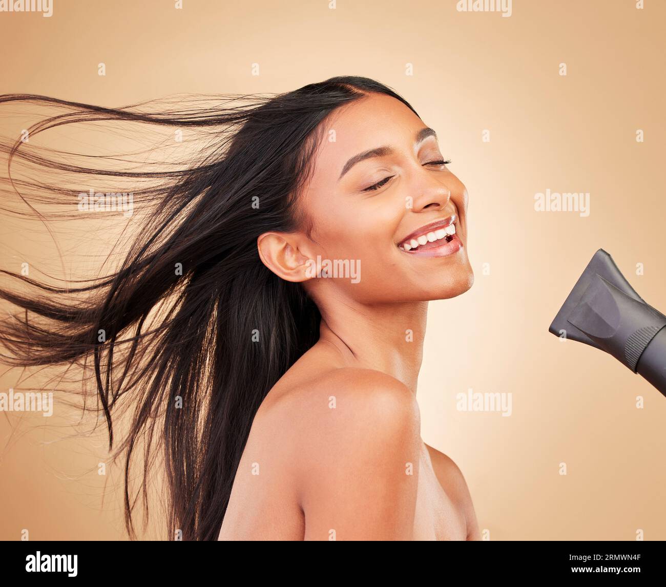 Woman, hair with dryer and wind, beauty and cosmetics tools with shine ...