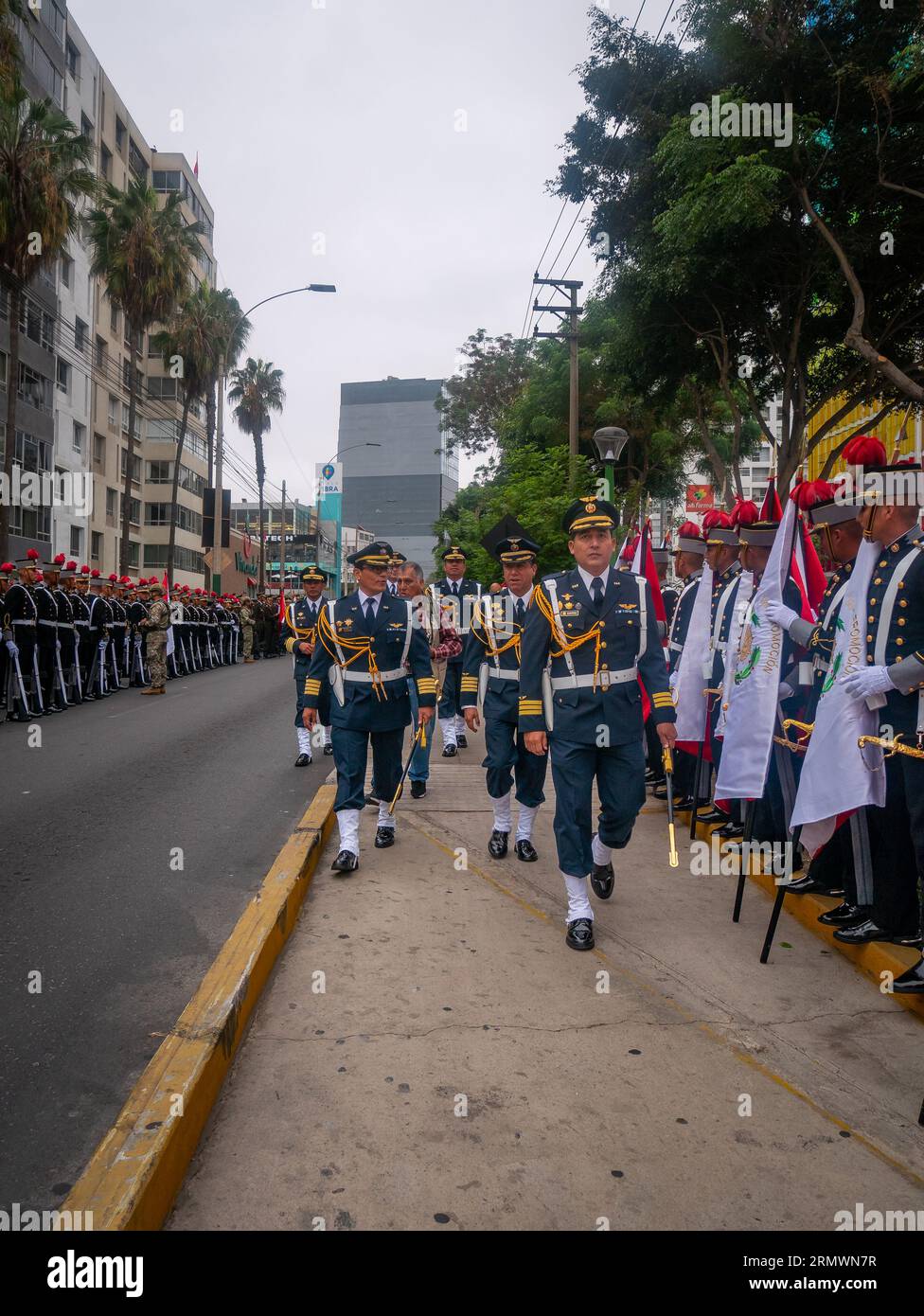 Lima, Peru - July 29 2023: Peruvian Man in Blue Uniforms and Hats March ...